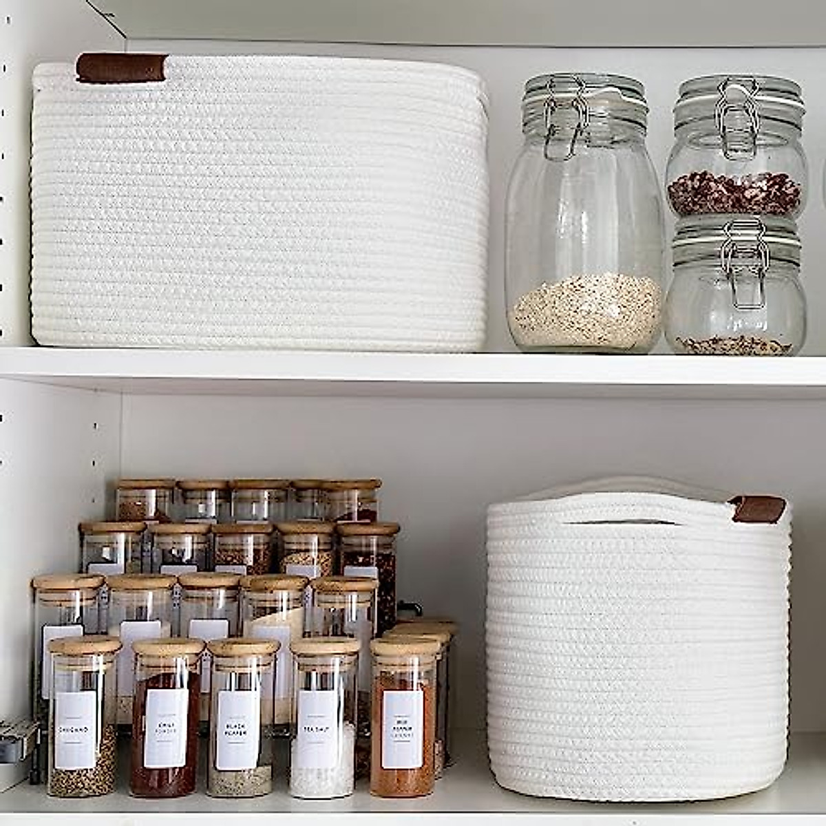 CHICVITA Woven Storage Basket for Shelves, Cotton Rope Dog Toy Bin, Empty Gift Basket with Handles, Small Laundry Baskets for Cloth Towel Shoes, White Oval Basket 3 Packs