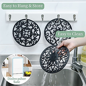 Hotsyang Silicone Trivets, Silicone Trivets for Hot Dishes Modern, Trivets for Hot Pots and Pans, Silicone Hot Pads for Kitchen, Silicone Trivets Round 6 Pack Black, Multi-Use Intricately Carved Mats