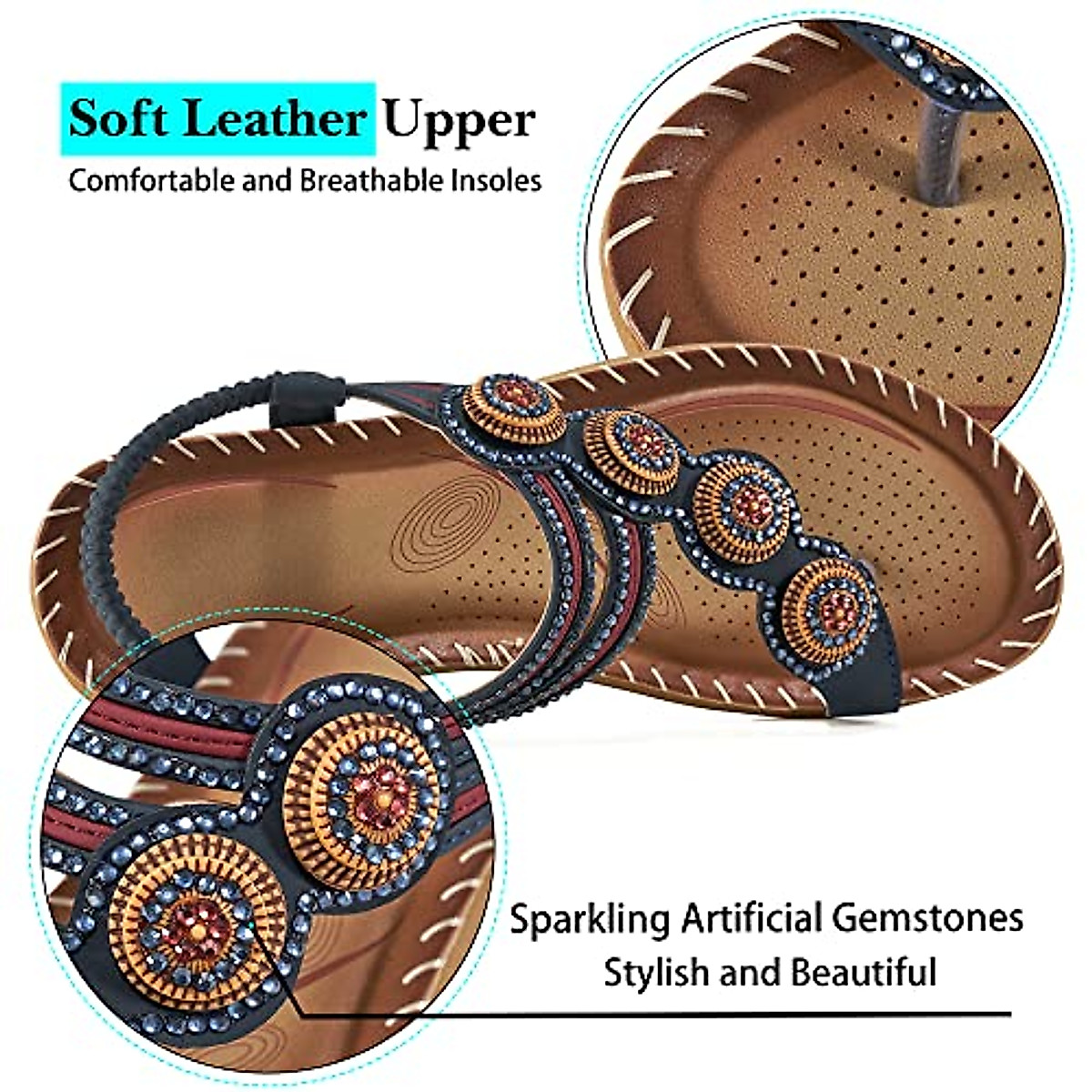 HARENCE Womens Sandals Comfortable Flats Shoes Summer Casual Elastic Ankle Strap Bohemian Beaded Flat Sandals for Women