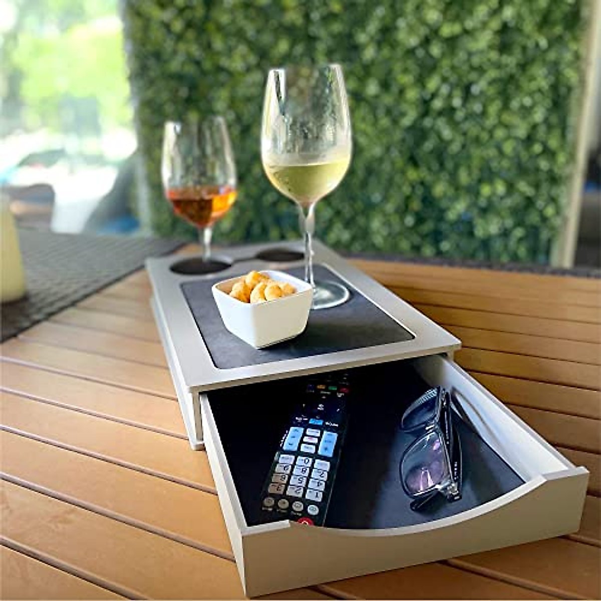 Fendy Arm Rest Table Holder with Drawer, Serving Trays for Coffee Table, Sofa Side Organizer for Gadgets and Remote
