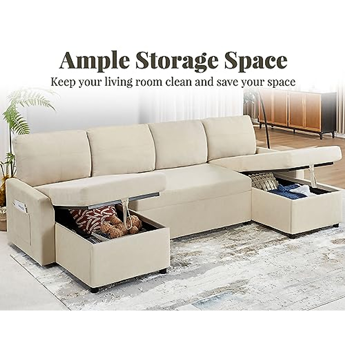 VanAcc Sleeper Sofa, 110 inch Overisze - 2 in 1 Pull Out Bed, Sectional Sleeper Sofa with Double Storage Chaise for Living Room, Beige Chenille Couch