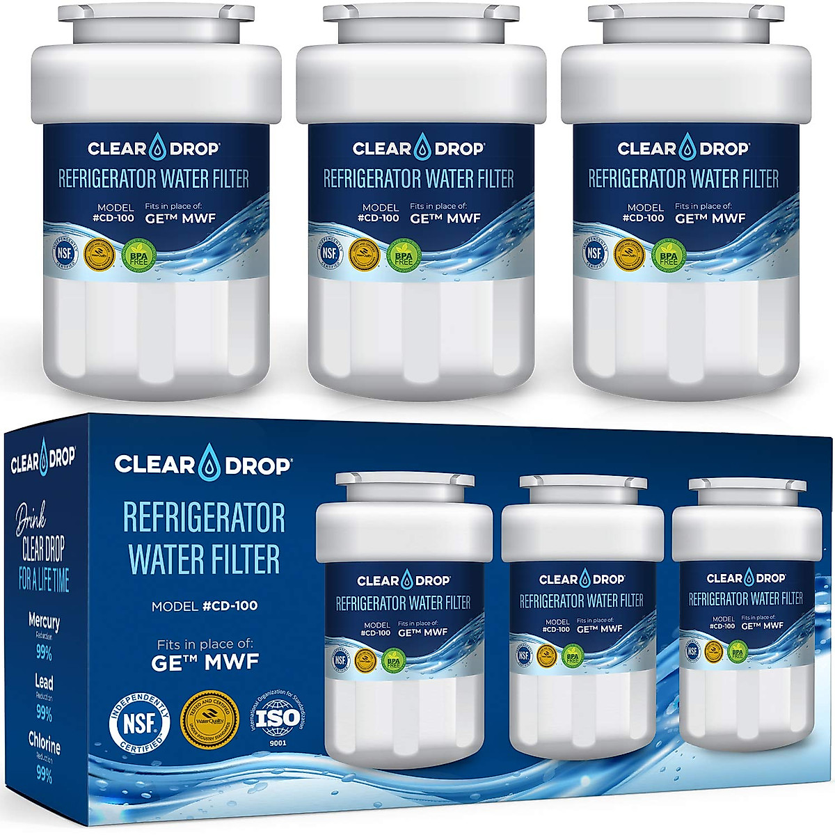 Clear Drop MWF Refrigerator Water Filter, Replacement for GE MWF, MWFP, MWFA, GWF, SmartWater, HDX FMG-1, WFC1201, GSE25GSHECSS, PC75009, RWF1060, 197D6321P006, NSF 42 and 372 Certified, (3 Pack)