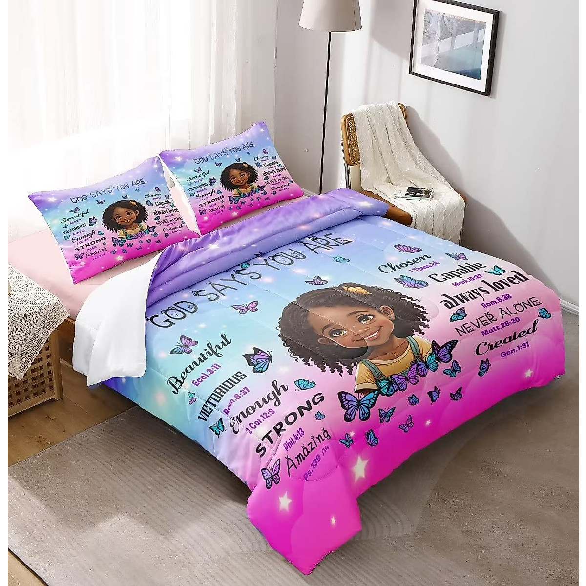 GRAT TIOC Black Girl Comforter Set Twin for Kids Teens,God Says You are Comforter Set for Black Women,Black Girl Magic Bedding Set,African American Girl Bed Bedroom Set