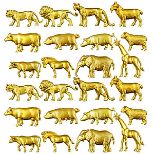 24 Pcs Gold Plastic Animal Figurines Toys, Zoo Safari Animal Figures, Elephant Lion Mini Animals Figurines Decor Jungle Animal Cake Toppers for Themed Birthday Party