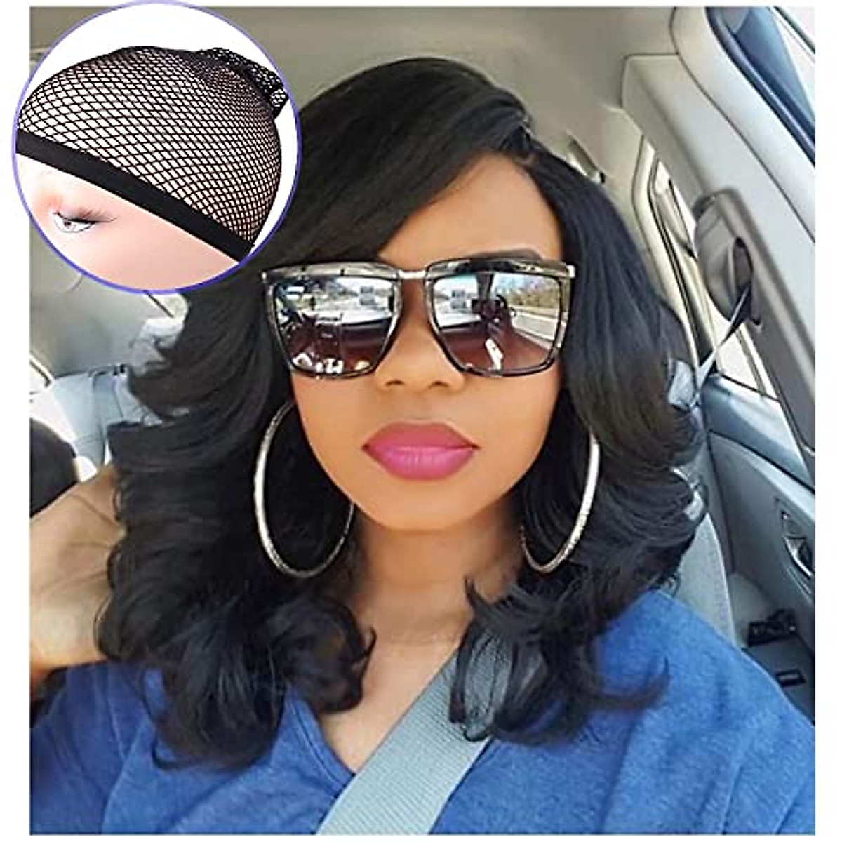 Lady Miranda Loose Wave Lace Part Wig Pure Color Nature Curly Synthetic Heat Resistant Weave Full Wigs for Women(Black)