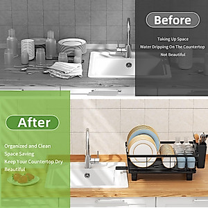 DMTXCRP Dish Drying Rack with Drainboard for Kitchen Counter, Large Capacity Durable Rustproof Stainless Steel Dish Drainer Rack with Removable Flatware Caddy -Black