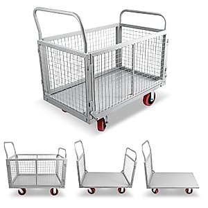 Forcecar Platform Truck Cart with Cage 4in1 Foldable Platform Truck Heavy Duty Push Cart Dolly Load 1600LBS W/Swivel Casters, Flatbed Fence Cart Hand Trucks for Warehouse,Groceries,Garage
