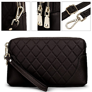 YALUXE Womens Wristlet Real Leather Quilted double zippers Large Clutch Wallet Shoulder Strap