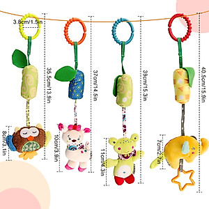4 Packs Baby Stroller Toys Car Seat Hanging Bell for Boys Girls,Adorable Animal Infant Play Music Crib Toy Carseat Rattles Educational Toys,Kids Hand Bell Puppet with Cute Wind Chime and Squeak