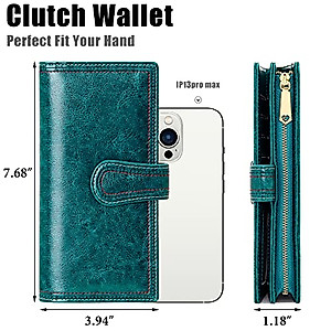 CILLA Womens Leather Wallet Large Capacity Bifold Ladies Zipper Clutch Credit Card Holder With Coin Pouch Oil Wax Design (Turquoise Green)