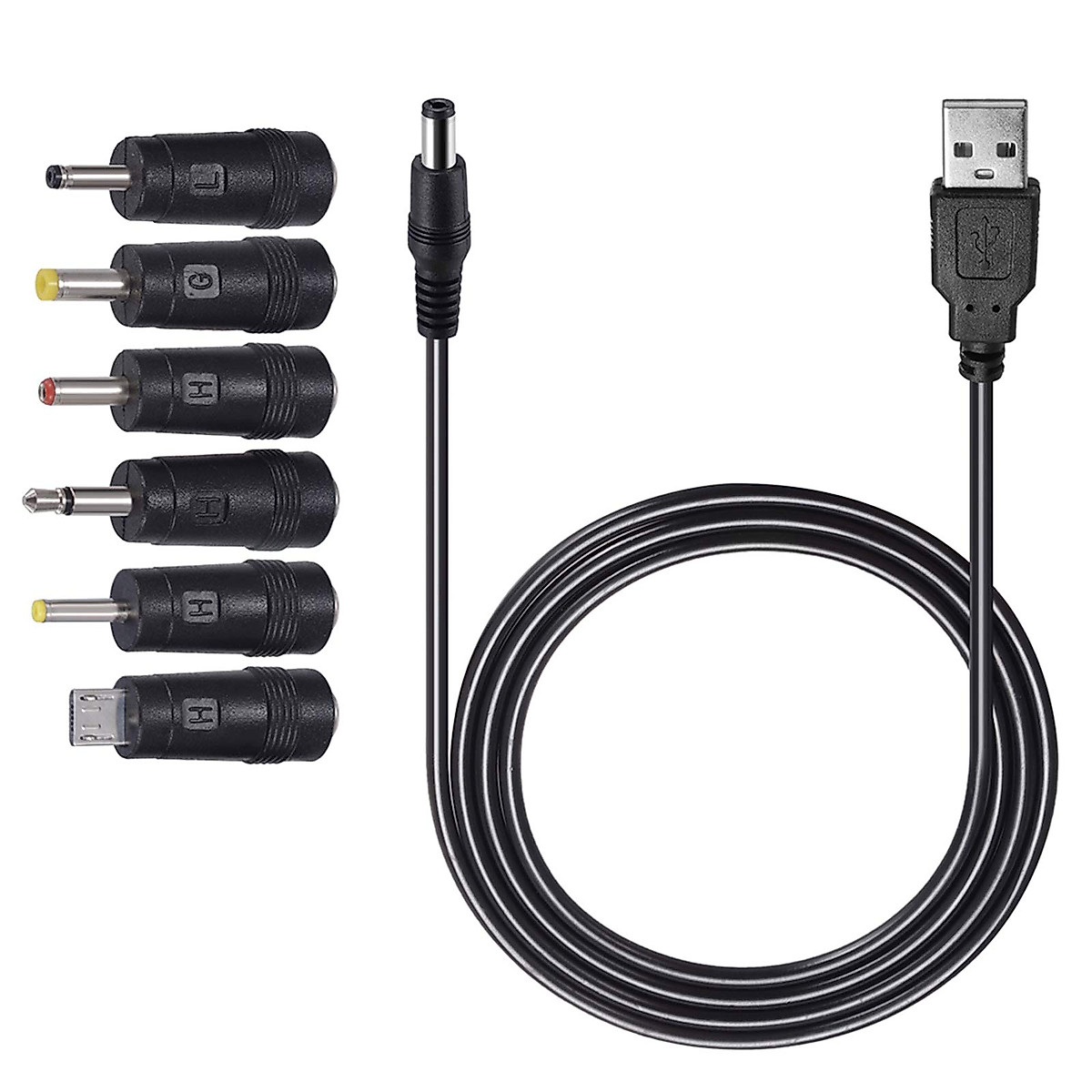 SoulBay DC01U USB Charging Cable to Universal 5.5x2.1 Jack with 6 Interchangeable DC Plugs 2.5x0.7mm, 3.0x1.1mm, 3.5x1.35mm, 4.0x1.7mm & Micro USB Connector, 3.3Ft 5V Cord