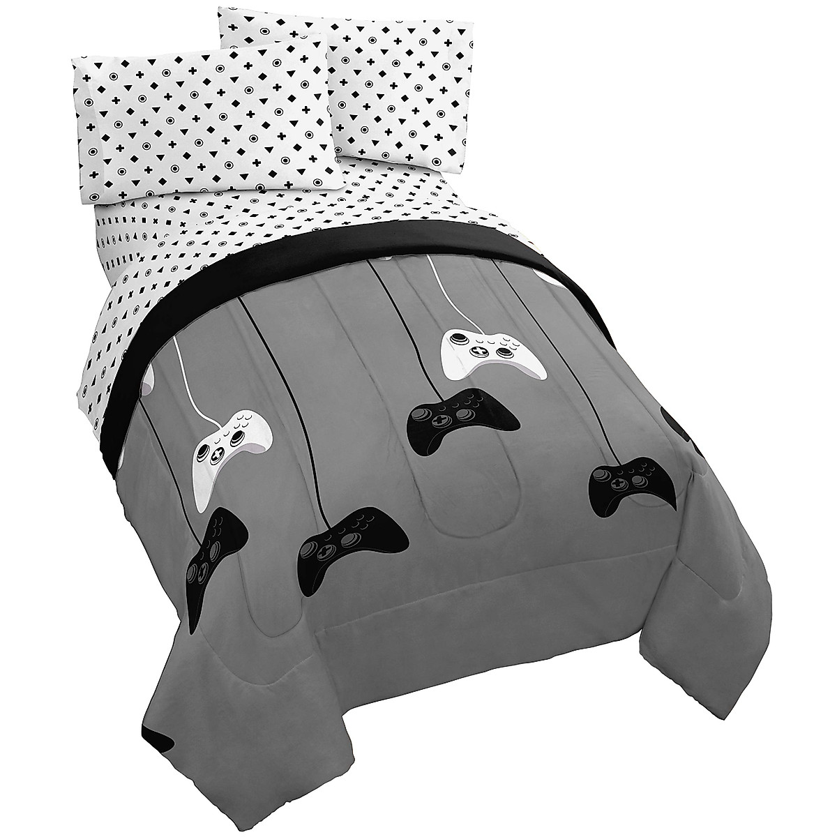 Jay Franco Game On 4 Piece Twin Bed Set - Includes Reversible Comforter & Sheet Set - Bedding Features Video Game Contoller - Super Soft Fade Resistant Microfiber