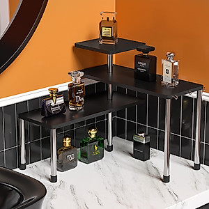 Hellojin Countertop Organizer, 3 Tier Moveable Corner Shelf for Kitchen Counter, Bathroom, Bamboo Spice Rack, Coffee Area, Sink Corner Counter Shelf, Dresser Table with Hooks (Black)