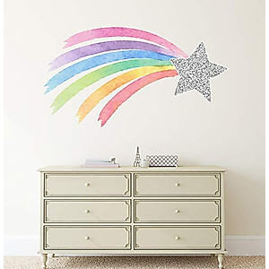 Shooting Star Rainbow Wall Decal Pastel Watercolor Unicorn Nursery Girls Bedroom Decor Silver Star & Rainbow Wall Decor ND04 (24"W x 14"H inches)