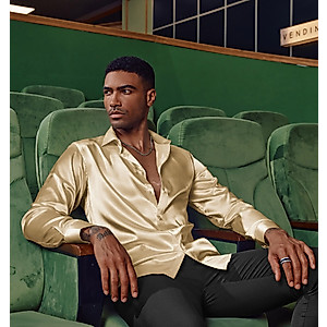 PJ PAUL JONES Men's Gold Silk Satin Dress Shirts Button Down Shiny Date Night Prom Wedding Shirt with Bow Tie M