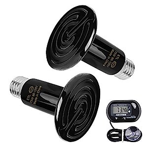 2-Pack 75W Ceramic Heat Lamp with 1-pcs Digital-Thermometer, Infrared Heat Emitter Bulbs for Reptiles, Amphibians, Chicken Brooder Coop Lizard Turtle Snake Aquarium, No Light No Harm, ETL Listed