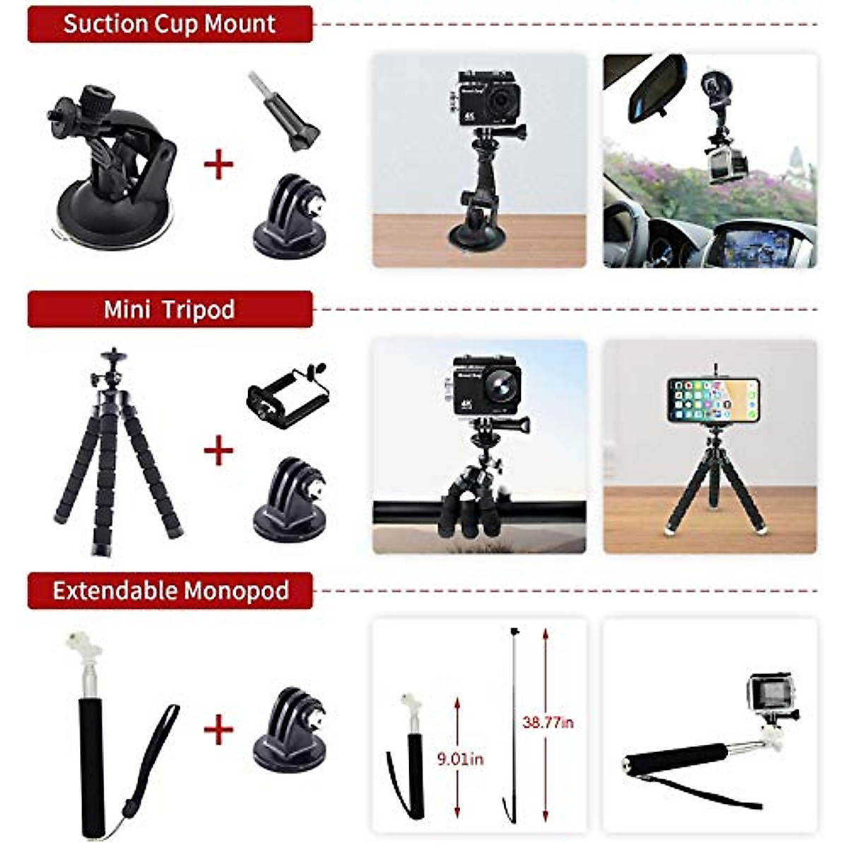 MOUNTDOG Action Camera Accessories Kit for GoPro Hero 10 9 8 7 6 5 4 3+ 3 Hero Session 5 Black Accessory Bundle Set for Yi AKASO Apeman SJ4000 DBPOWER WiMiUS QUMOX Campark Action Camera Accessory