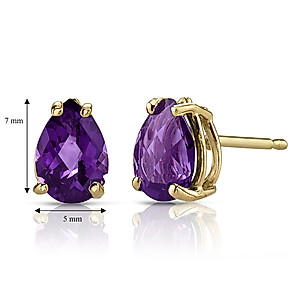 Peora 14K Yellow Gold Amethyst Earrings for Women, Genuine Gemstone Birthstone Solitaire Studs, 7x5mm Pear Shape, 1 Carat total, Friction Back