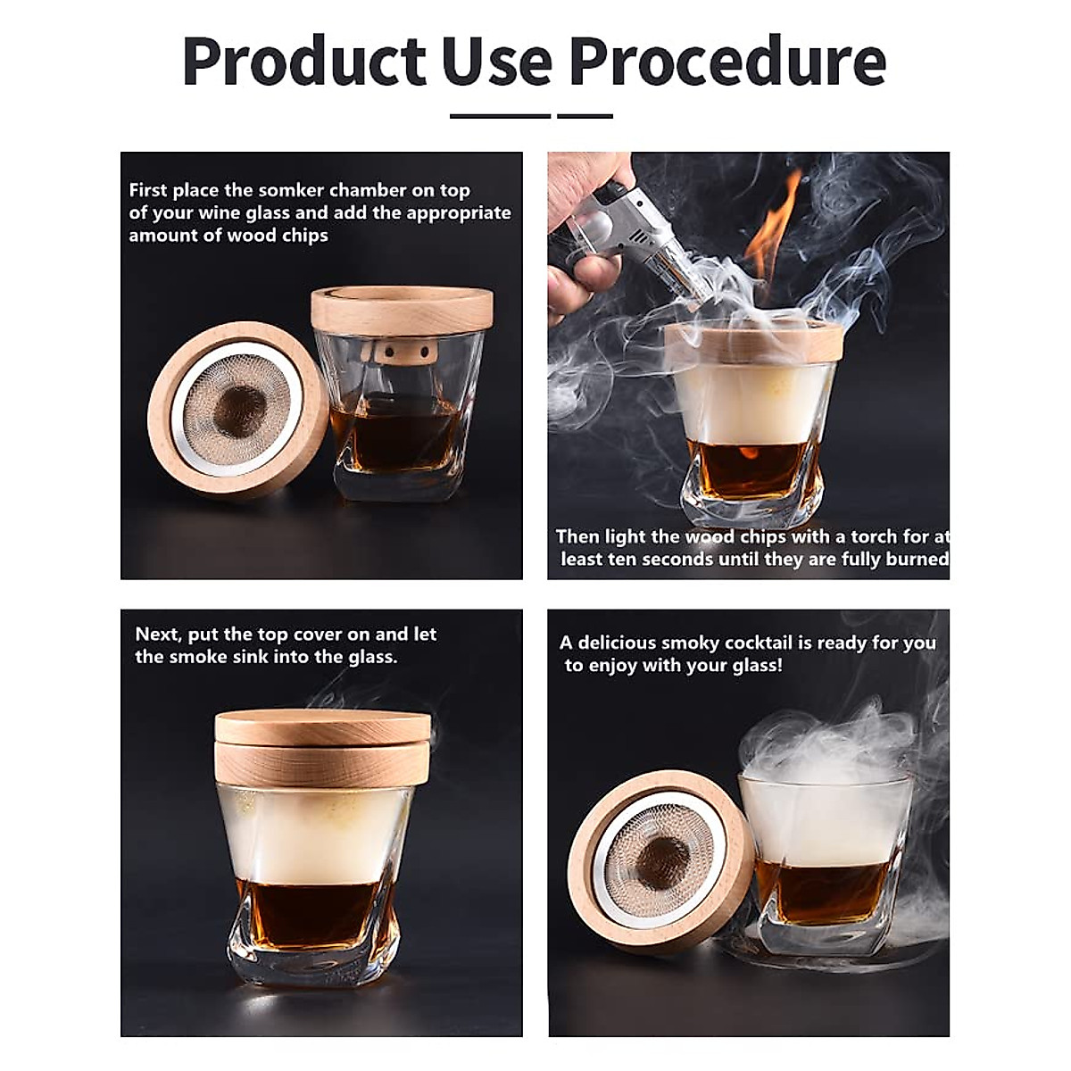 Cocktail Smoker Kit with Torch,whiskey smoker kit with Four Flavors Wood Smoked Chips，Bourbon Smoker Kit For Whiskey,Drink,Bourbon，Old Fashioned Smoker Kit For Men, Dad, Husband (Without Butane)
