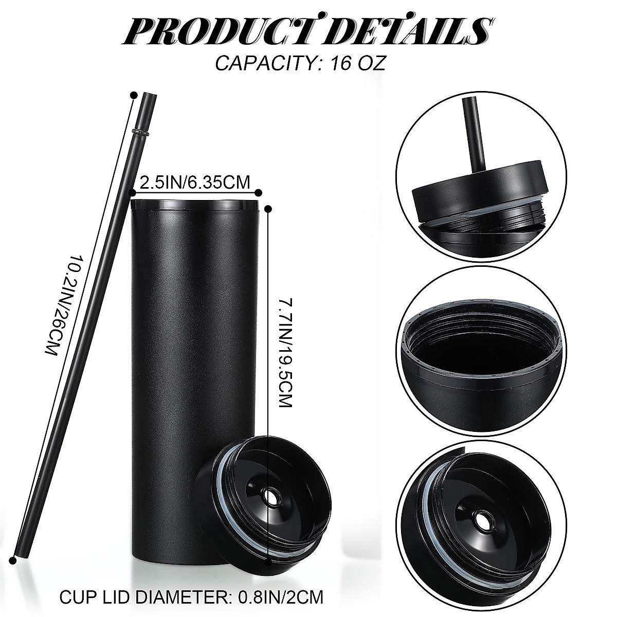 Gandeer 18 Pieces Skinny Acrylic Tumbler with Lid and Straw 16 oz Matte Cups Double Layer Plastic Tumbler Cups Vinyl Customized DIY Gifts for Parties, Birthdays, Home, Office, Bridal Shower (Black)