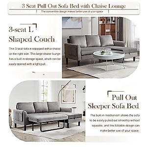 Modern Velvet Pull Out Sleeper Sofa Bed with Chaise, Comfy L Shaped Convertible Couch with Storage and Pocket, Sectional 3 Seat Couch for Living Room Furniture or Office, Smooth Back - Light Gray