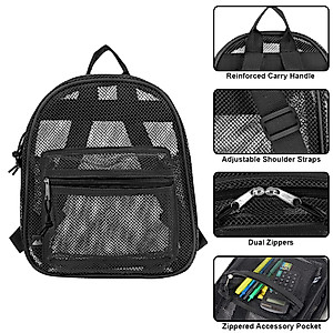 Mini Mesh Backpack for Women, Girls, Kids for School, Beach Toys, Pool, and Swimming Gear; Mini Transparent Backpacks with Padded Straps (Black)