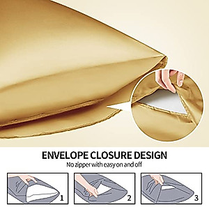 YUHX Silk Satin Pillowcase for Hair and Skin, Gold King Size Pillowcase Set of 2, Soft Silky Pillow Cases with Envelope Closure (20x40 inches,Gold)