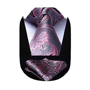 HISDERN Paisley Tie for Men Classic Extra Long Pink Ties and Pocket Square Formal Necktie with Handkerchief for Big and Tall Men Wedding