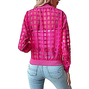 Floerns Women's Hollow Out Long Sleeve Baseball Collar Zip Up Bomber Jacket Hot Pink S