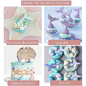 Mermaid Molds Silicone Mermaid Fondant molds Marine Theme Chocolate Polymer Clay Candy Soap Molds Mermaid Tail Seashell Coral Turtle Starfish Seahorse for Homemade Baking DIY