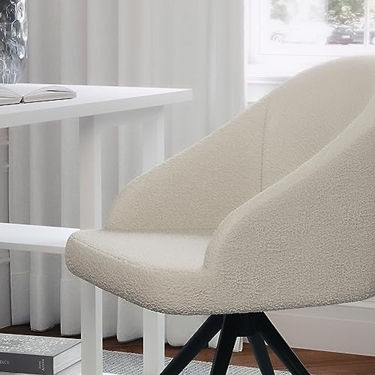Martha Stewart Sora Stationary Swivel Task Chair with Sloped Arms for Home Office in White Boucle with Oil Rubbed Bronze Frame