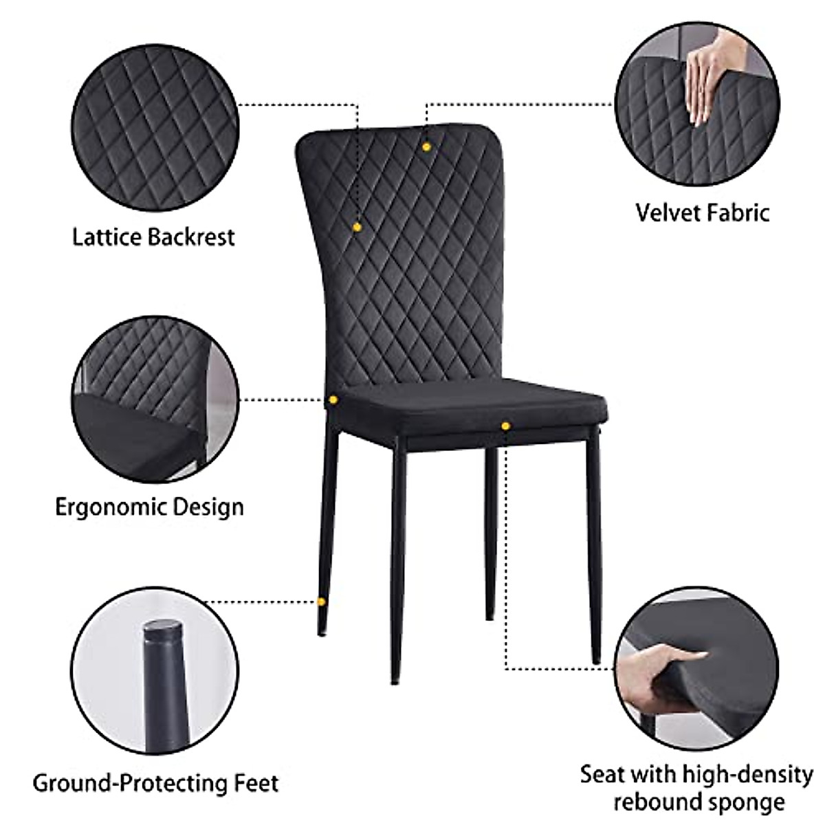 FENZARD Set of 6 Living Room Chairs Dining Chairs with Velvet, High Back, Metal Frame and Modern Lattice Design for Living Room, Dining Room,Black