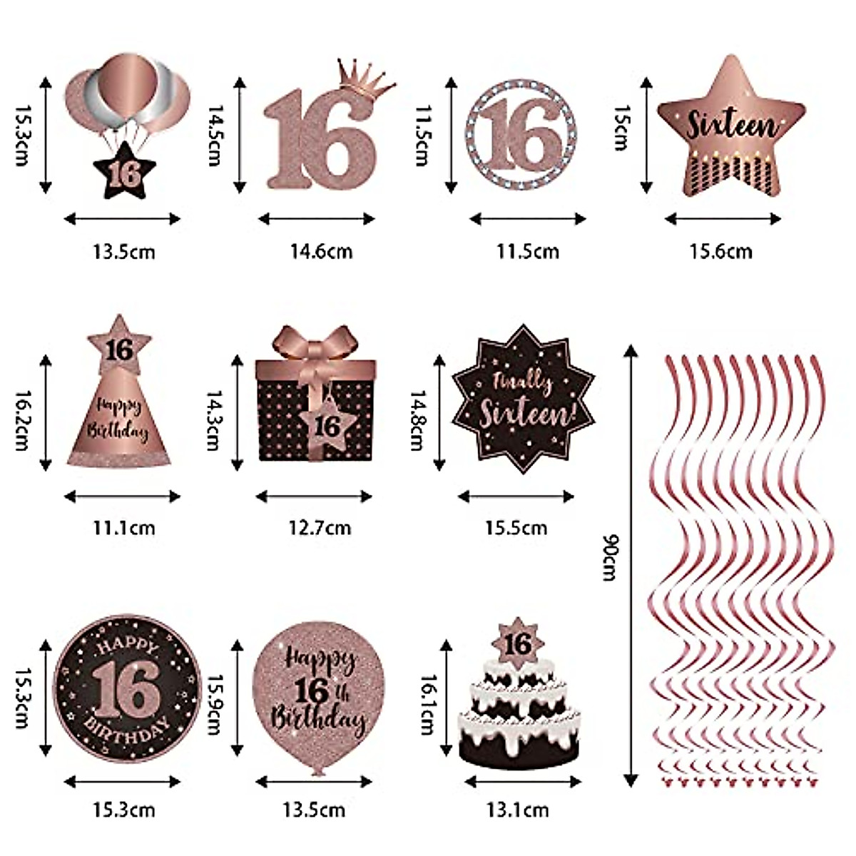 Happy 16th Birthday Hanging Swirls Streams Ceiling Decorations, Celebration 16 Foil Hanging Swirls with Cutouts for 16 Years Old Rose Gold Birthday Party Decorations Supplies