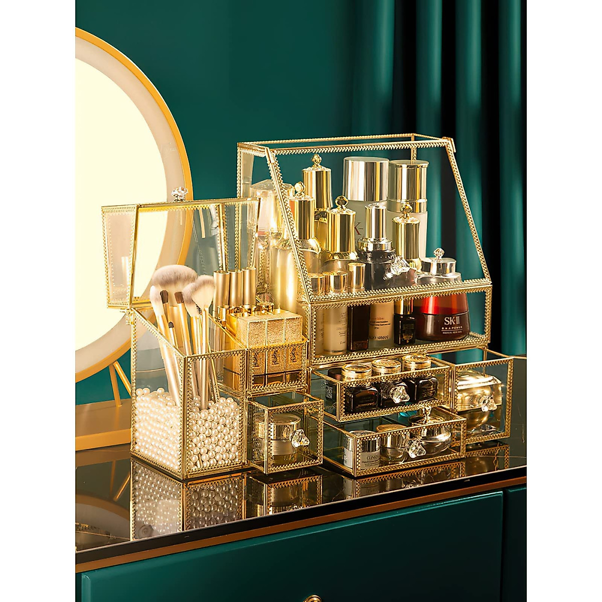 CONHENCI Large Glass Makeup Organizer Drawer Set Beauty Storage Bathroom Counter Organizer Cosmetic Display (11.5inx8.5inx5.5in)