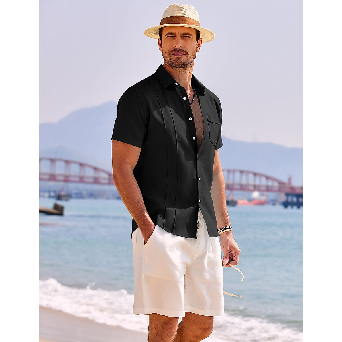COOFANDY Mens Casual Button Down Shirts Short Sleeve Cuban Guayabera Shirt Summer Beach Top Linen Shirt Black