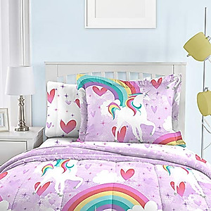 dream FACTORY Kids 5-Piece Complete Set Easy-Wash Super Soft Microfiber Comforter Bedding, Twin, Purple Unicorn Rainbow