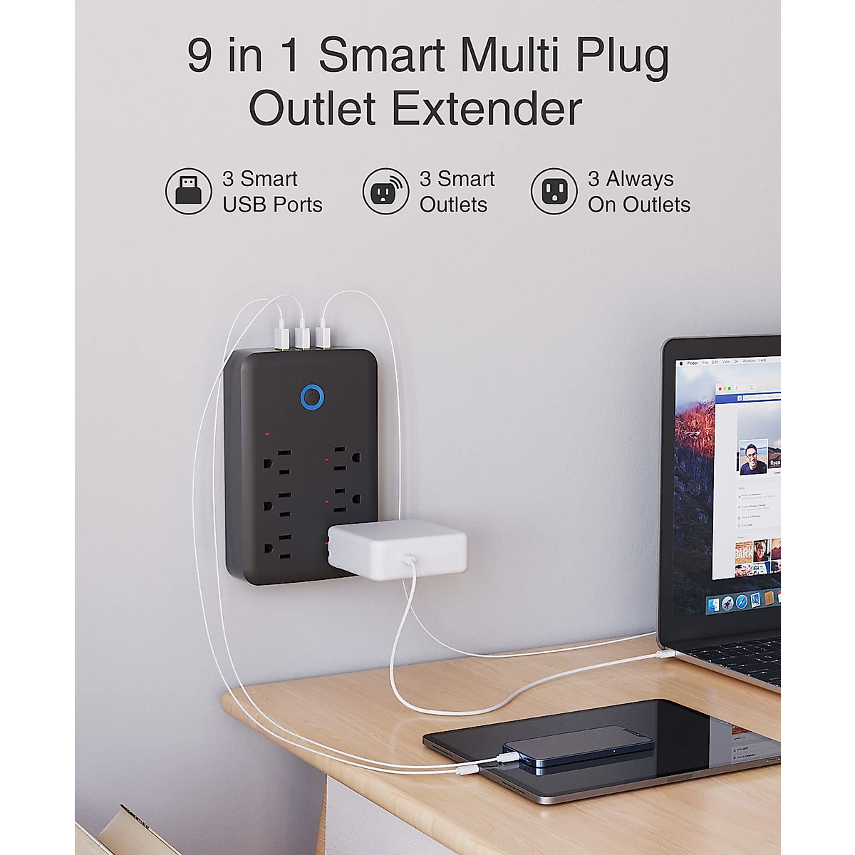 GHome Smart Plug Outlet Extender, USB Surge Protector 3 Individually Controlled Outlets and 3 USB Ports, WiFi Plug Works with Alexa Google Home, Outlet Timer Wall Adapter, 2.4GHz Wi-Fi Only, 15A/1800W