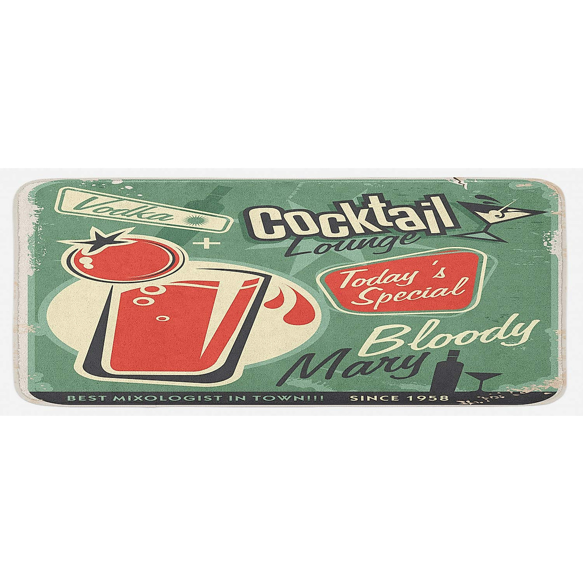 Ambesonne Retro Kitchen Mat, Nostalgic Poster Bar Art for Today's Special Famous Cocktail Bloody Drink and Vodka, Plush Decorative Kitchen Mat with Non Slip Backing, 47" X 19", Green Red