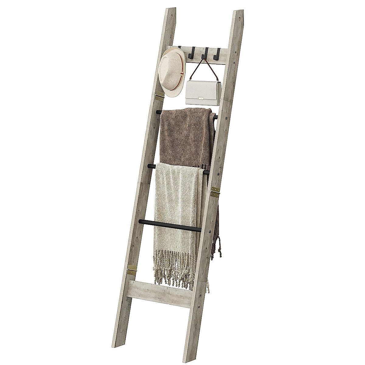 Hzuaneri Blanket Ladder for Living Room, Decorative Quilt Rack with 4 Removable Hooks, 5-Tier Farmhouse Ladder Holder Shelf Organizer for Bedroom, Greige and Black BR02105B