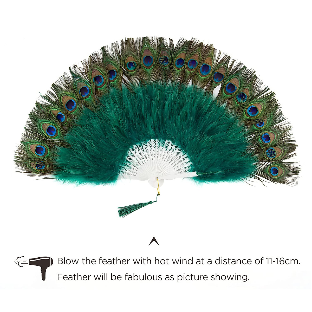 BABEYOND Roaring 20s Vintage Style Peacock & Black Marabou Feather Fan Flapper Accessories for Costume Halloween Dancing Party Tea Party Variety Show (Dark Green-White Rib)