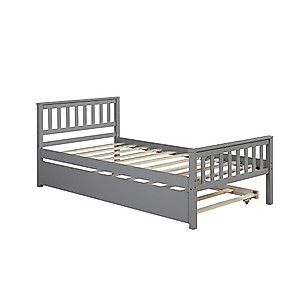Twin Platform Bed with Trundle, Solid Wood Bed Frame with Headboard, Footboard for Teens Boys Girls,No Box Spring Needed (Grey)
