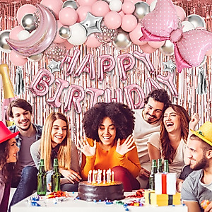 Ouddy Life Pink Happy Birthday Party Decorations for Women Girls, Pink Happy Birthday Love Crown Bow Bottle Lipstick Balloons Fringe Curtain for Princess Birthday Wedding Baby Shower Party Supplies