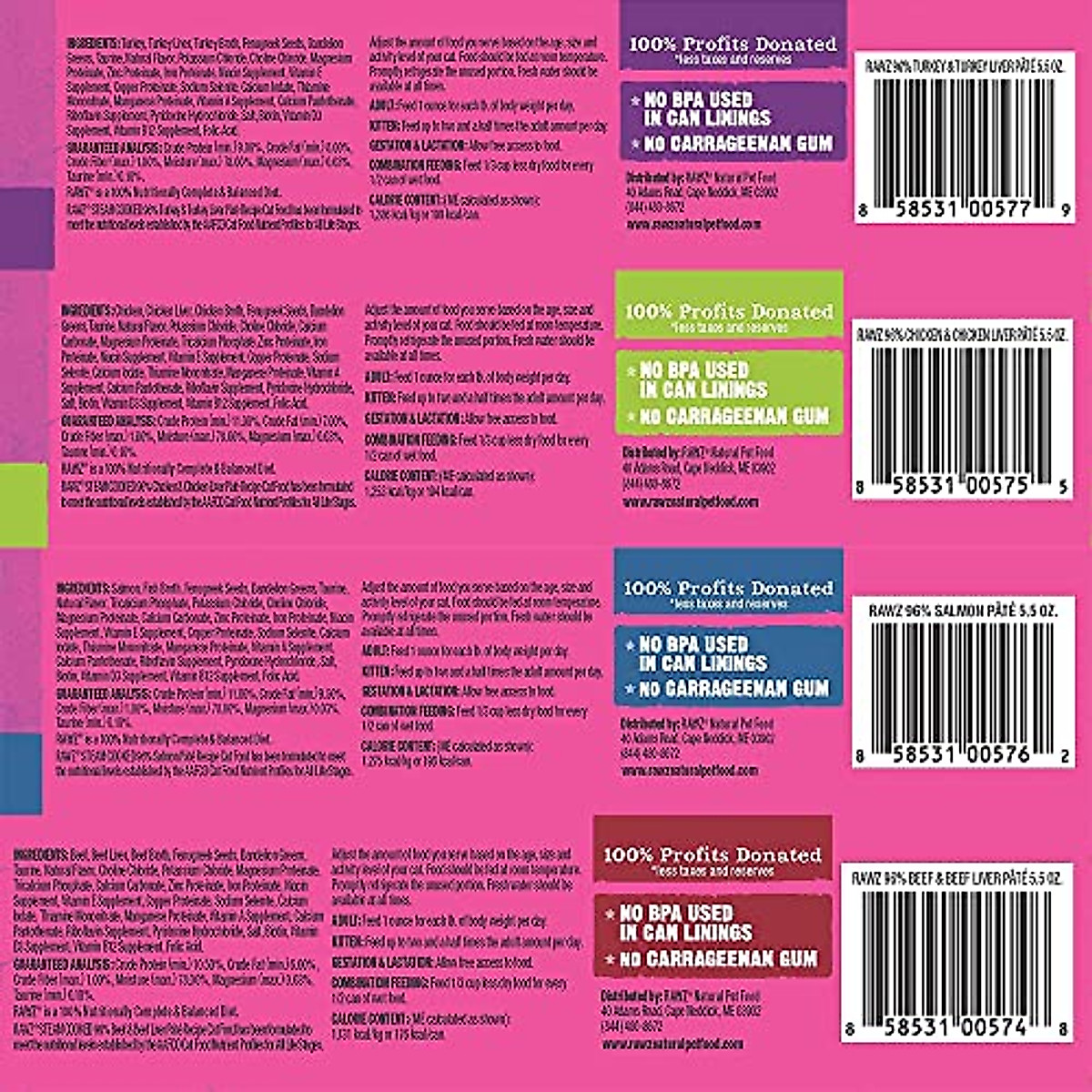 Rawz Natural Premium Canned Cat Wet Food Pate-12 Pack Variety Bundle - 4 Flavors - (Turkey, Chicken & Liver, Salmon & Beef) (5.5oz Cans) with Hotspot Pets Can Lid