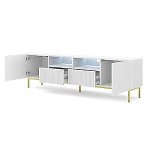 Homlando Ravenna B TV Stand 79" – Lowboard TV Cabinet – Gaming Center for TVs Up to 85” – LED TV Unit - TV Entertainment – Center with Storage for Living Room – White Matte with Gold Legs