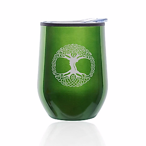 Stemless Wine Tumbler Coffee Travel Mug Glass With Lid Celtic Tree Of Life Irish (Green)
