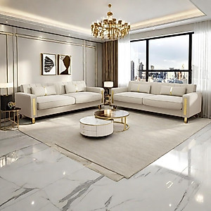 Couch 85.62" 3 Seats Sectional Velvet Fabric Sofa Easy Assemble Sofa Bed with 2 Couch Pillows,Gold Metal Legs for Living Room (P17, 2 PCS Beige)