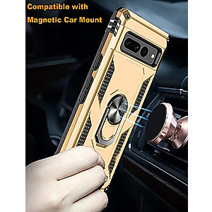 IKAZZ Suitable for Google Pixel 7 Pro Case,Military Grade Shockproof Heavy Duty Protective Phone Cover Pass 16ft Drop Test with Magnetic Kickstand Car Mount Holder Gold