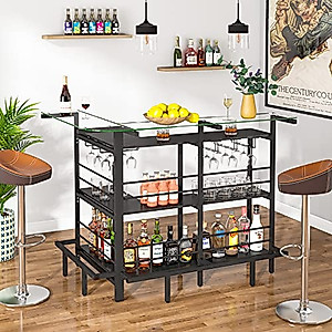 Tribesigns Home Bar Unit, L Shaped Black Liquor Bar Table with Glass Counter Top, Wine Glasses Holder, Storage Shelves and Footrest for Living Room/Basement