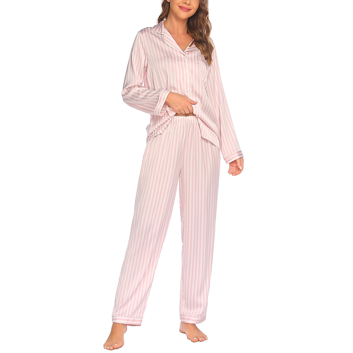 Ekouaer Silk Satin Pajamas Women's Long Sleeve Pj Set Soft Button Down 2 Piece Sleepwear Loungewear Pink Striped,M