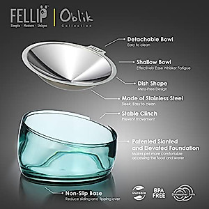 Felli Pet Oblik Whisker Fatigue Friendly Raised Cat Food Bowl Stainless Steel, Anti Vomiting Tilted Shallow Dish Easy Clean, Slanted Flat Metal Feeder Elevated Angled Spill Proof (0.5Cups, Classic)